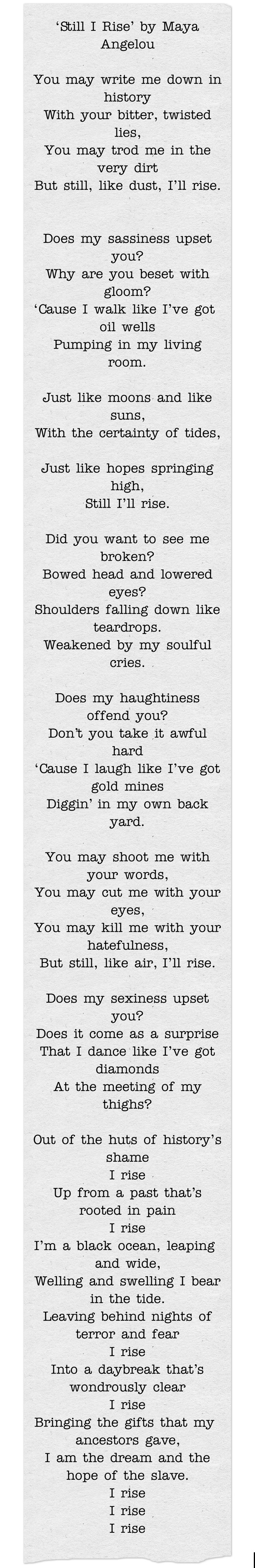 ‘Still I Rise’ by Maya Angelou You may write me down in - Quozio