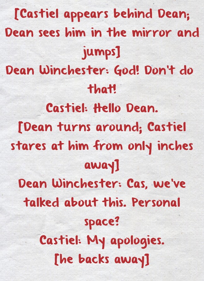[Castiel appears behind Dean; Dean sees him in the mirror - Quozio
