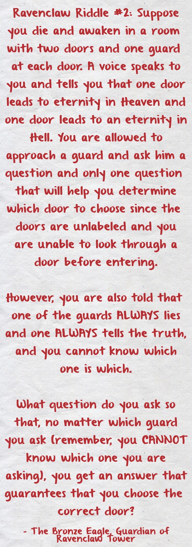 Ravenclaw Riddle #2: Suppose you die and awaken in a room - Quozio